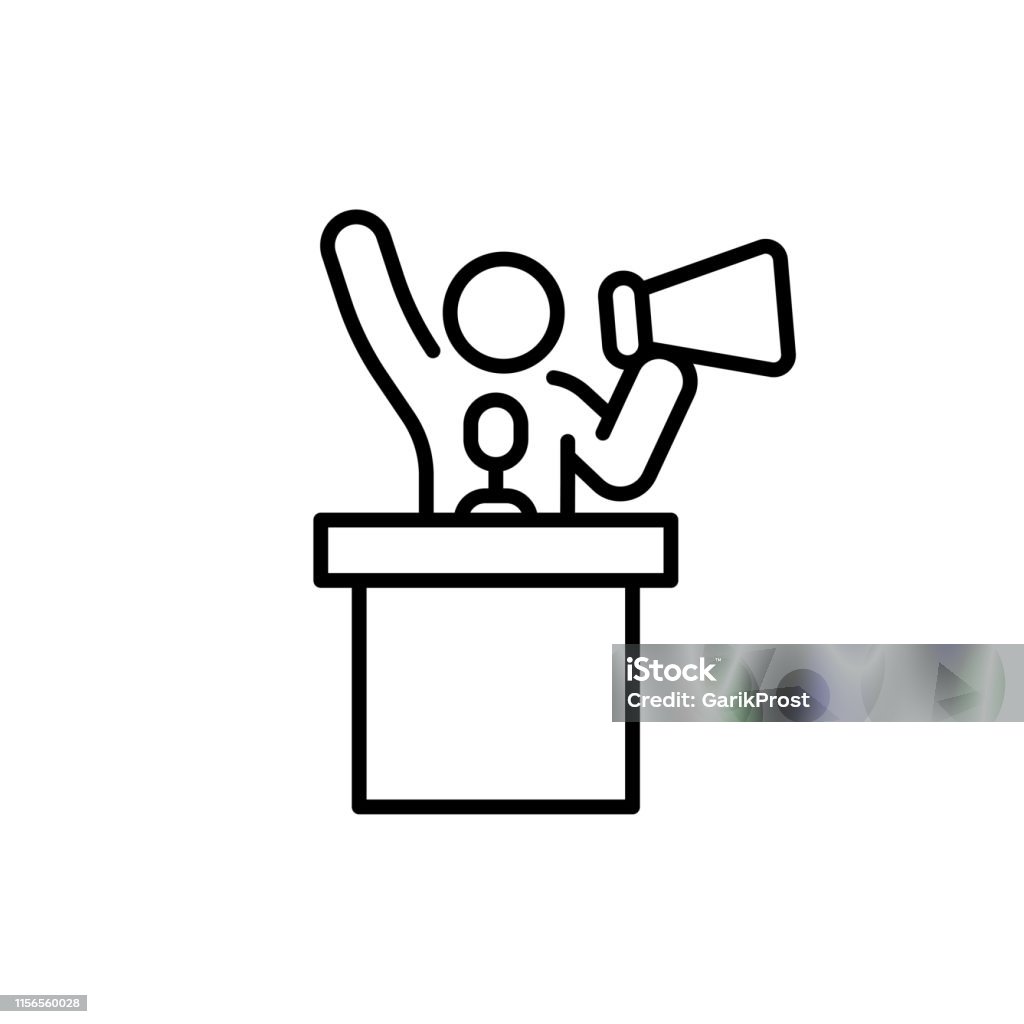 Man Dispute With Megaphone Made Gesture Hand Up Behind Tribune Debate