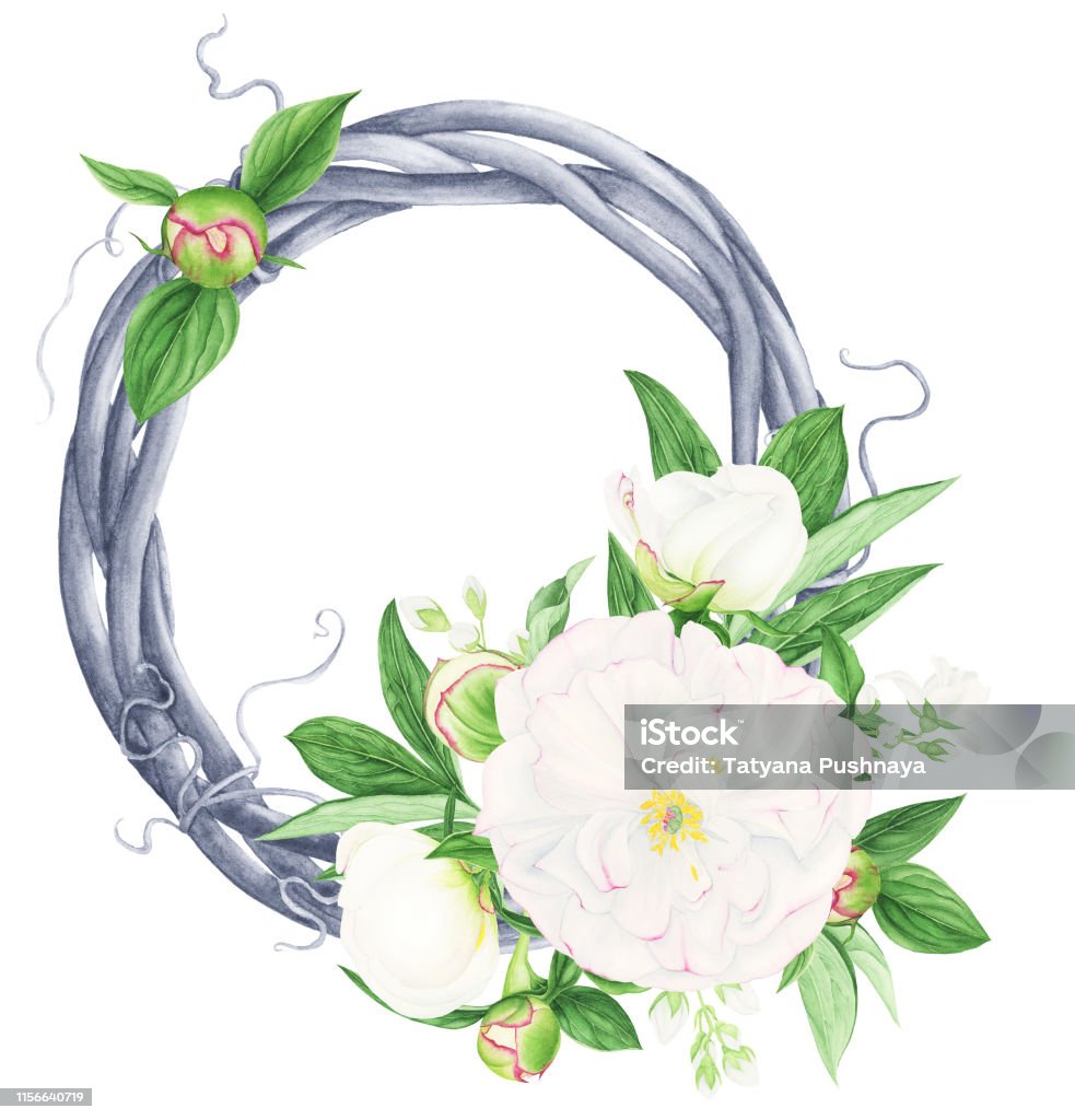Couronne Avec Pivoines Blanches Et Fleurs De Jasmin Peinture À