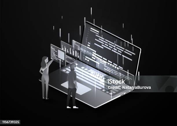Development And Software Concept Of Programming Data Processing Computer Code With Windows On