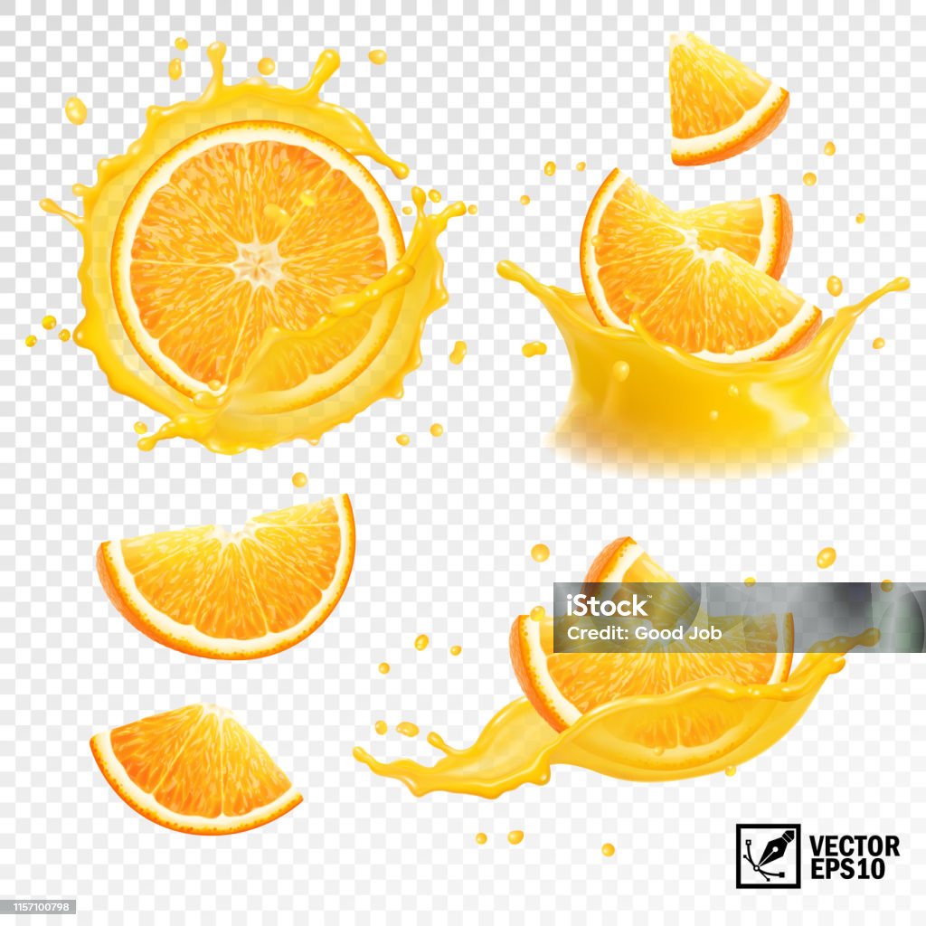Set Realistis 3d Dari Percikan Vektor Yang Terisolasi Dari Jus Jeruk