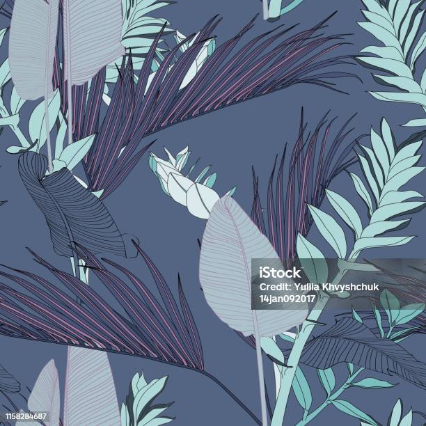 Palem Tropis Eksotis Dan Daun Pisang Latar Belakang Biru Vintage Pola
