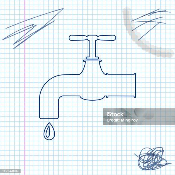 Keran Air Dengan Ikon Sketsa Garis Tetesan Air Yang Jatuh Terisolasi Di
