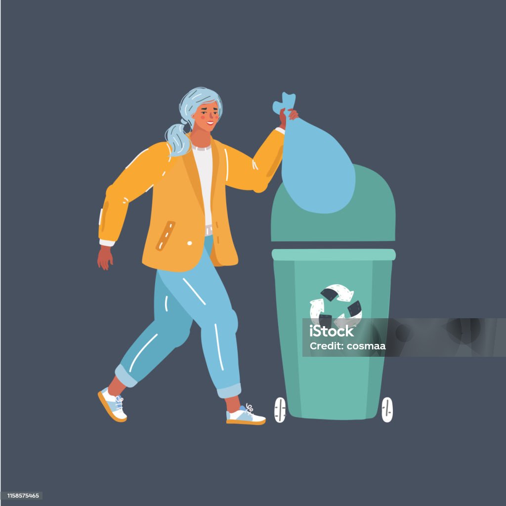 Ilustración De Una Mujer Tira Basura Y Más Vectores Libres De Derechos