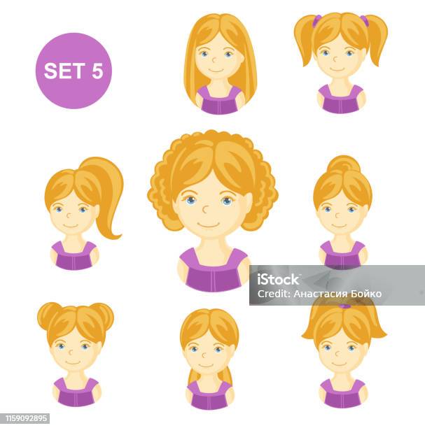 Gadis Kecil Yang Lucu Dengan Berbagai Gaya Rambut Pirang Ilustrasi Stok