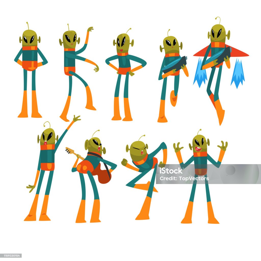 Lustige Grüne Alien Set Humanoide Cartooncharakter Mit Großen Augen