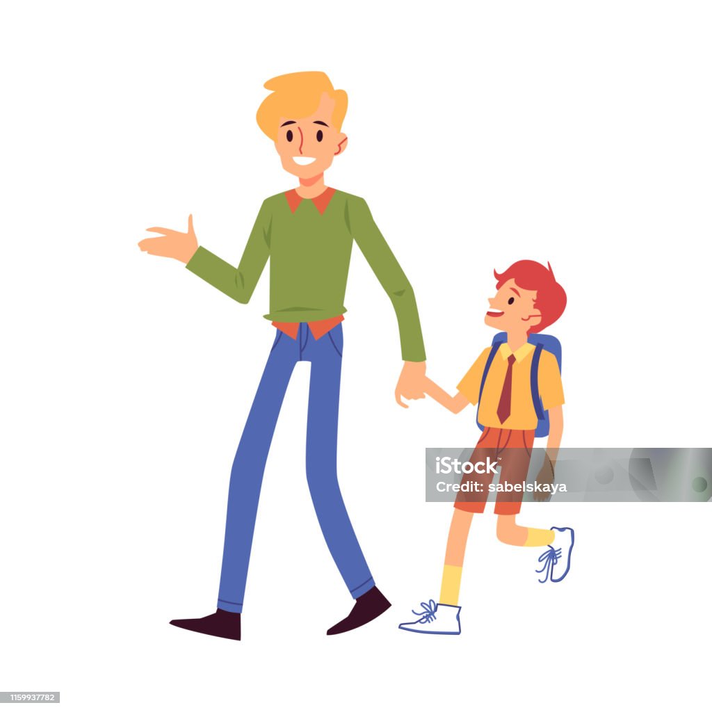 Pappa Eller Far Leder Sin Son Till Skolan Platt Vektor Illustration