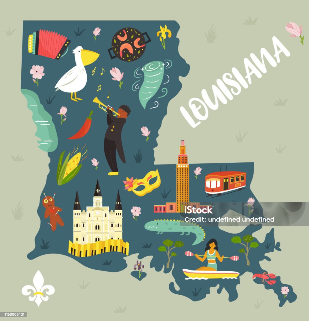 Louisiana Cartoon Map With Landmarks And Symbols For Banners Books