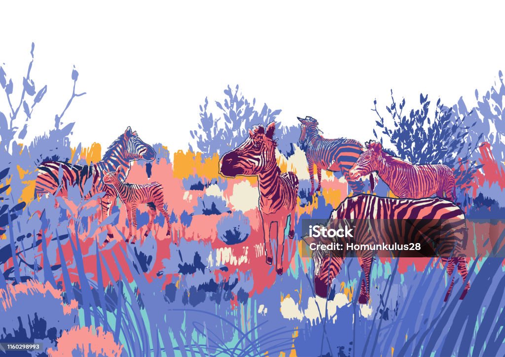 The Herd Of Zebras Sowing In Steppe Landscape Stock Illustration ... The Herd Of Zebras Sowing In Steppe Landscape Stock Illustration ...