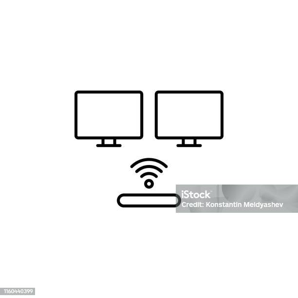 Perangkat Keras Server Pc Wifi Ikon Lan Garis Tipis Sederhana Vektor