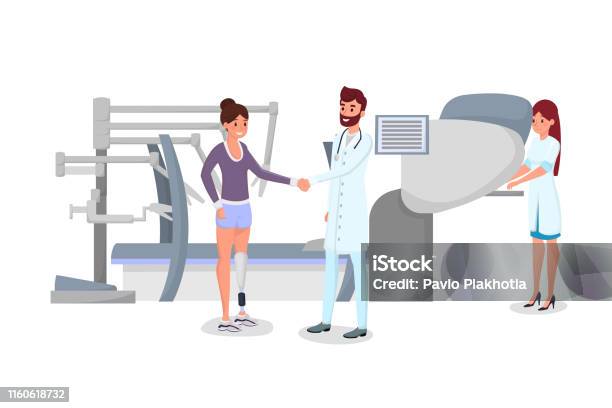 Ilustrasi Vektor Datar Prostetik Modern Dokter Bahagia Ahli Bedah Dan