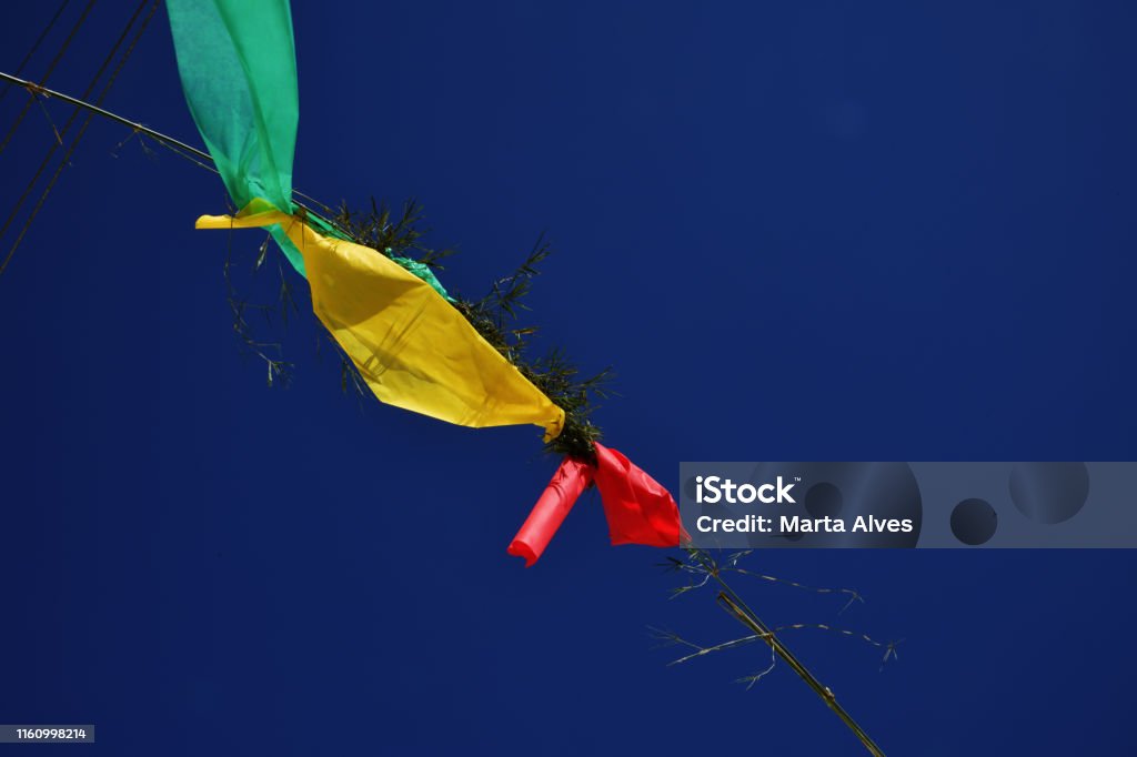 Bendera Hijau Kuning Dan Merah Di Langit Biru Pesta Down Street Di Brasil Foto Stok Unduh