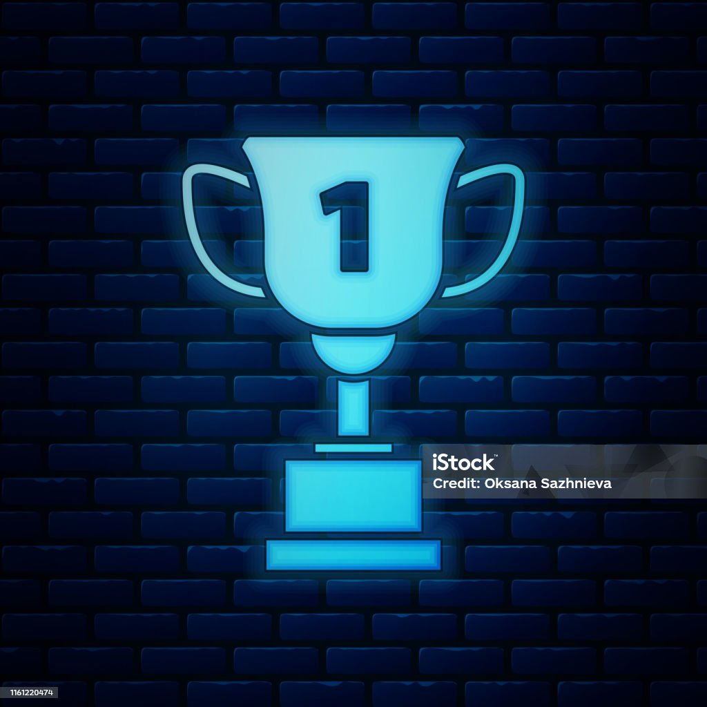Gloeiende Neon Award Cup Icoon Geïsoleerd Op Bakstenen Muur Achtergrond