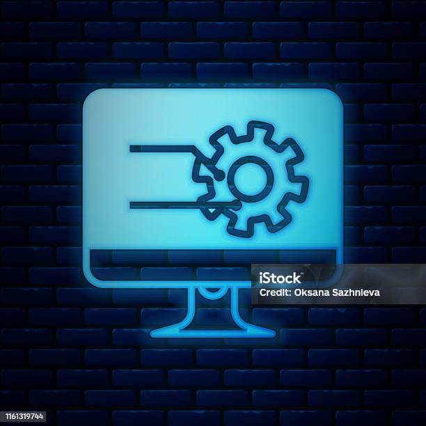 Monitor Komputer Neon Bersinar Dengan Ikon Grafik Bagan Terisolasi Pada