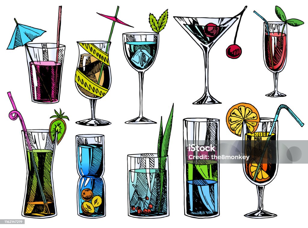 Hand Drawn Cocktails Vintage Glasses With Liquors And Alcoholic Drinks