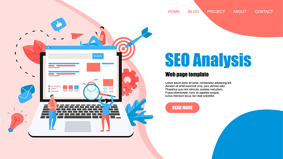 Templat Halaman Web Analisis Seo Dengan Pencarian Dan Kaca Pembesar Di