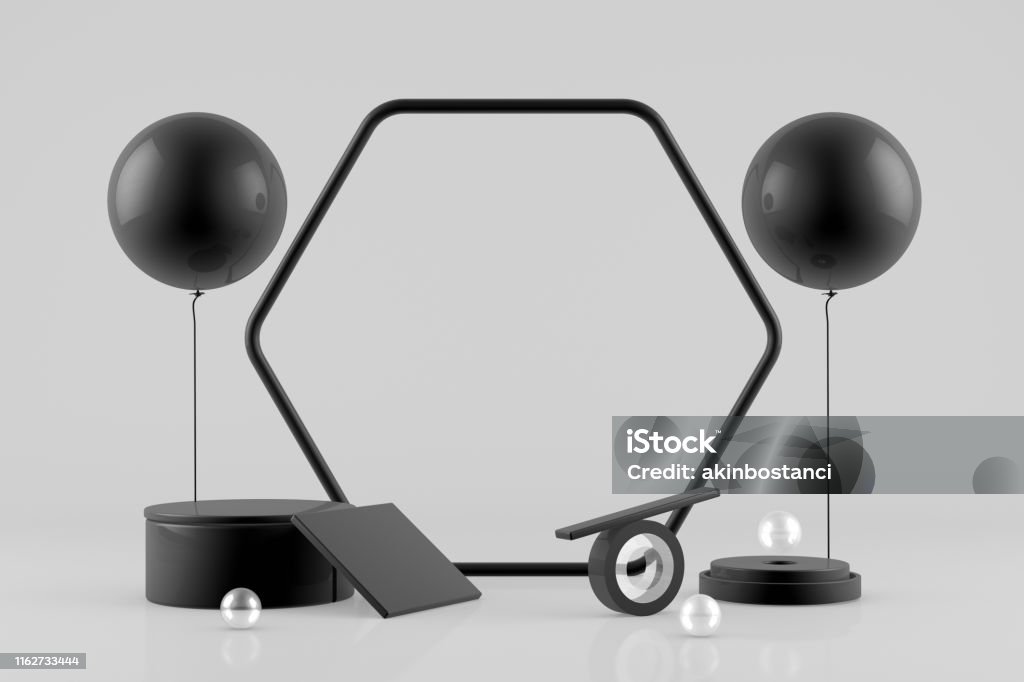Bingkai Segi Enam Hitam 3d Dan Stand Produk Kosong Di Latar Belakang