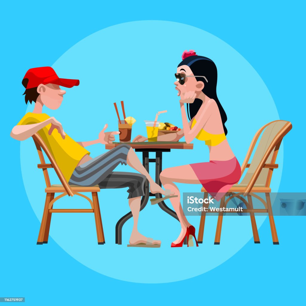 Kartun Pria Dan Wanita Berbicara Duduk Di Meja Dengan Makan Ilustrasi
