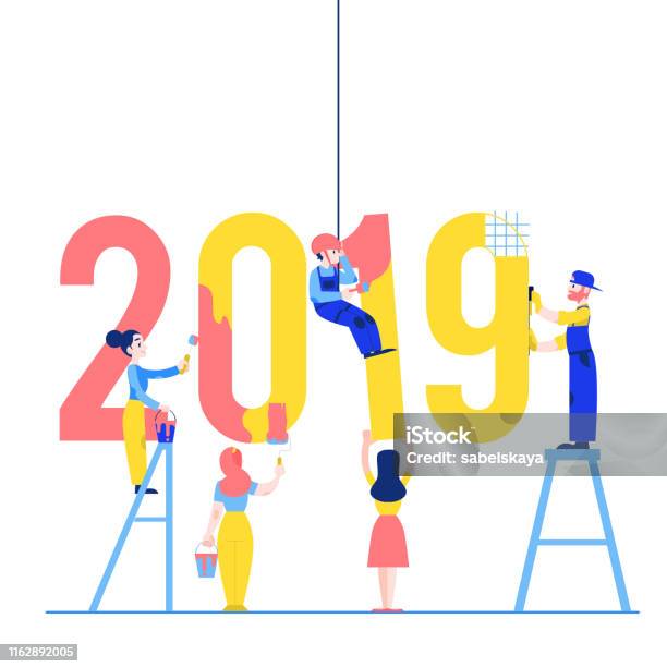 Ilustrasi Vektor Desain Teks 2019 Dengan Orangorang Membangun Dan ... Ilustrasi Vektor Desain Teks 2019 Dengan Orangorang Membangun Dan ...
