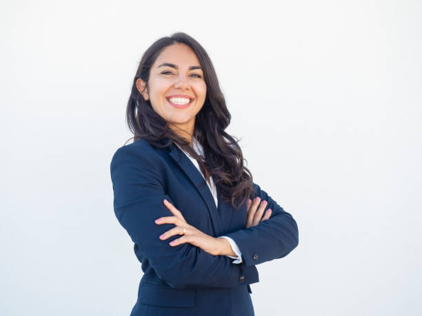 560 Portrait Of Smiling Business Woman With Folded Hands Isolated On
