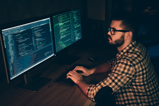 Close Up Side Profile Photo Handsome He Him His Guy Coder Typing Php Css Html Keyboard