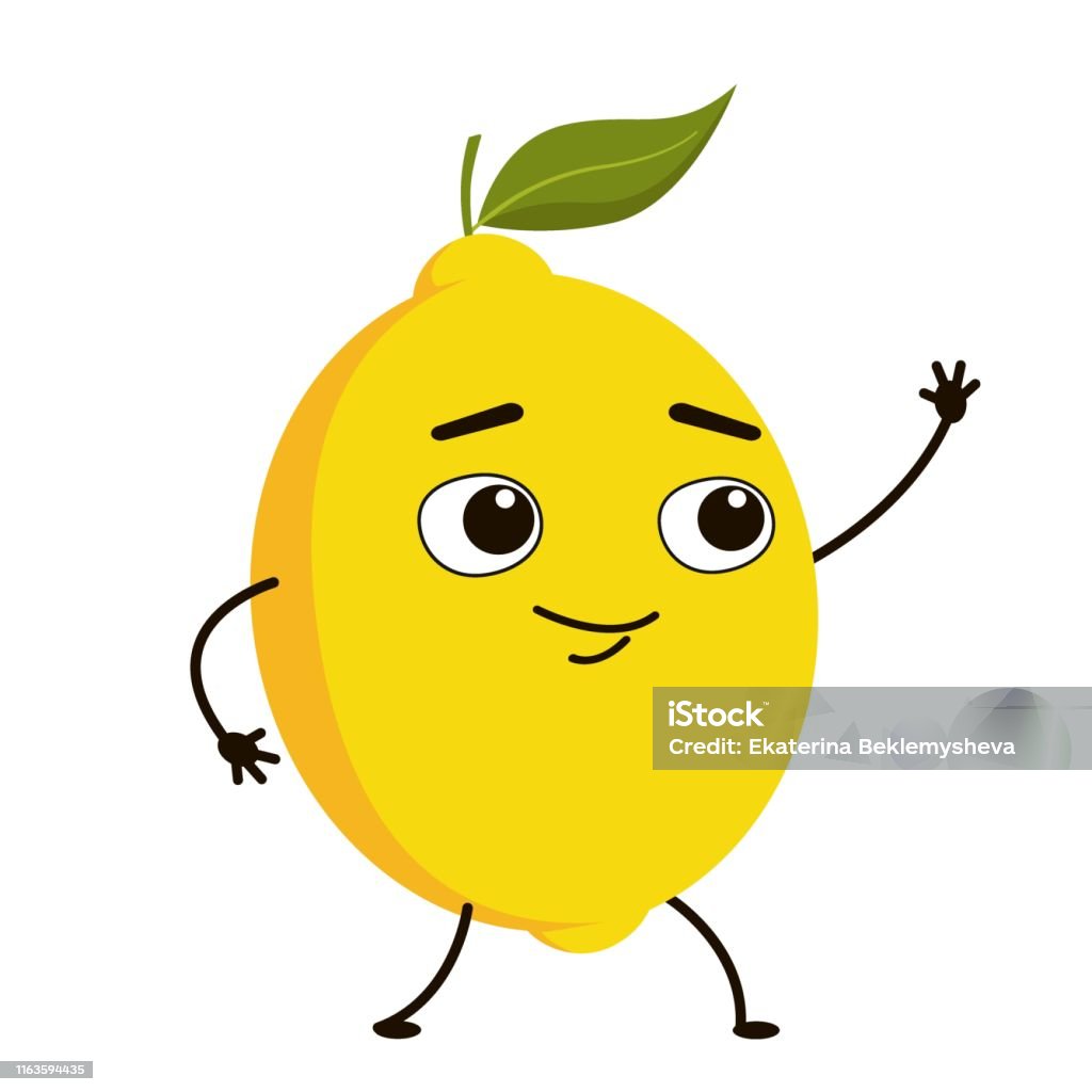 Lemon Buah Karakter Yang Lucu Dengan Daun Dan Tangkai Buah Kuning Dalam Gaya Kartun Ilustrasi