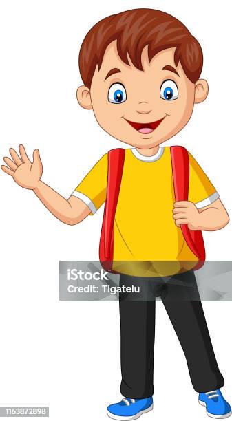 Garçon Décole De Dessin Animé Portant Le Sac À Dos Ondulant La Main
