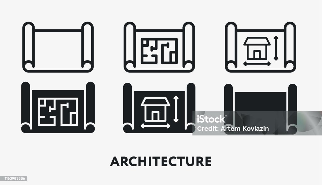 Architektur Bauingenieur Blueprint Roll Flache Vektorsymbolset Stock ... Architektur Bauingenieur Blueprint Roll Flache Vektorsymbolset Stock ...