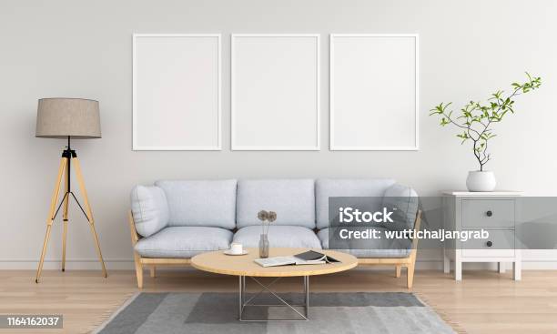 Tiga Bingkai Foto Kosong Untuk Mockup Di Ruang Tamu Rendering 3d Foto