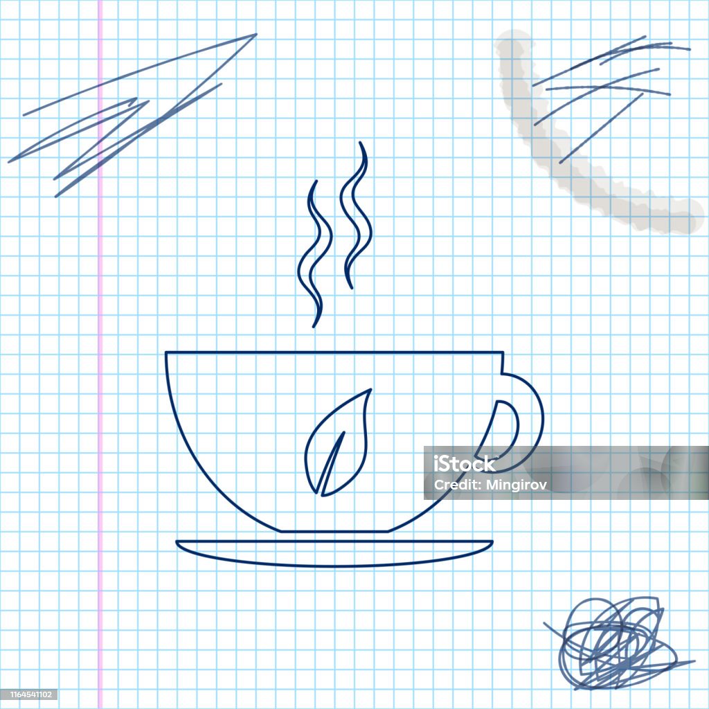 Tasse Tee Und Blatt Linie Skizze Symbol Isoliert Auf Weißem Hintergrund