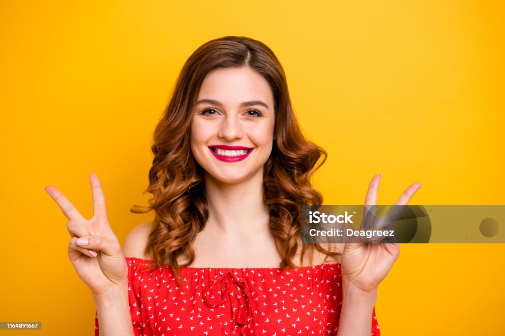 Photo Of Nice Lady Hands Showing Vsign Symbol Wear Red Dress With Open