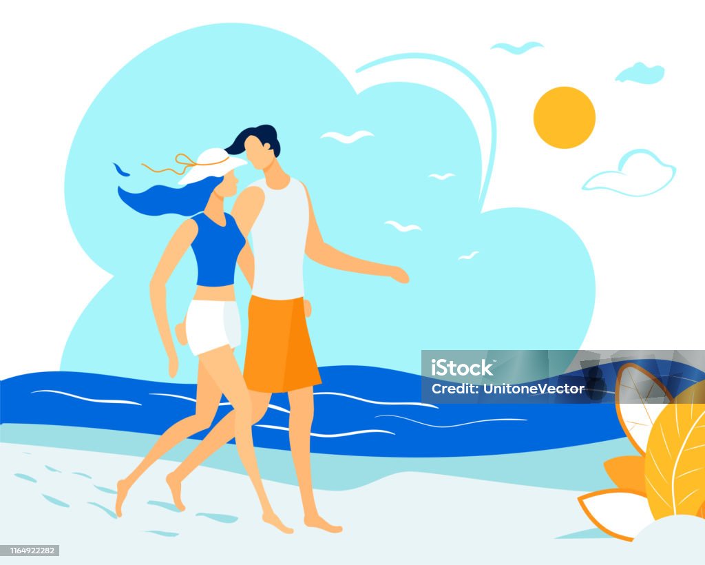 Happy Couple Walking On Beach Hugging Beziehungen Stock Vektor Art Und