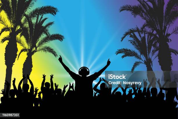 Dj Di Latar Belakang Kerumunan Menari Pesta Pantai Siluet Ilustrasi ... Dj Di Latar Belakang Kerumunan Menari Pesta Pantai Siluet Ilustrasi ...
