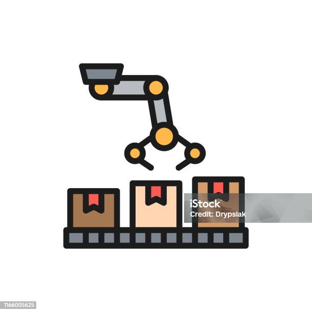 Lengan Robot Pada Konveyor Pengepakan Ikon Warna Datar Lini Produksi