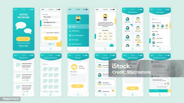 Set Ui Ux Layar Gui Template Desain Datar Aplikasi Jejaring Sosial