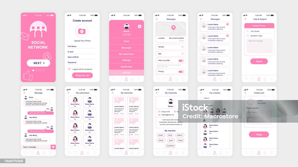 Set Ui Ux Layar Gui Template Desain Datar Aplikasi Jejaring Sosial
