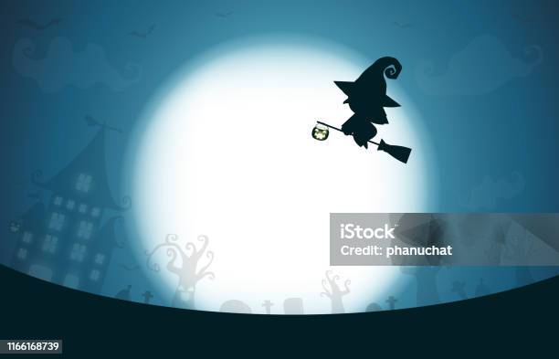 Selamat Halloween Siluet Penyihir Di Bulan Template Untuk Brosur Iklan