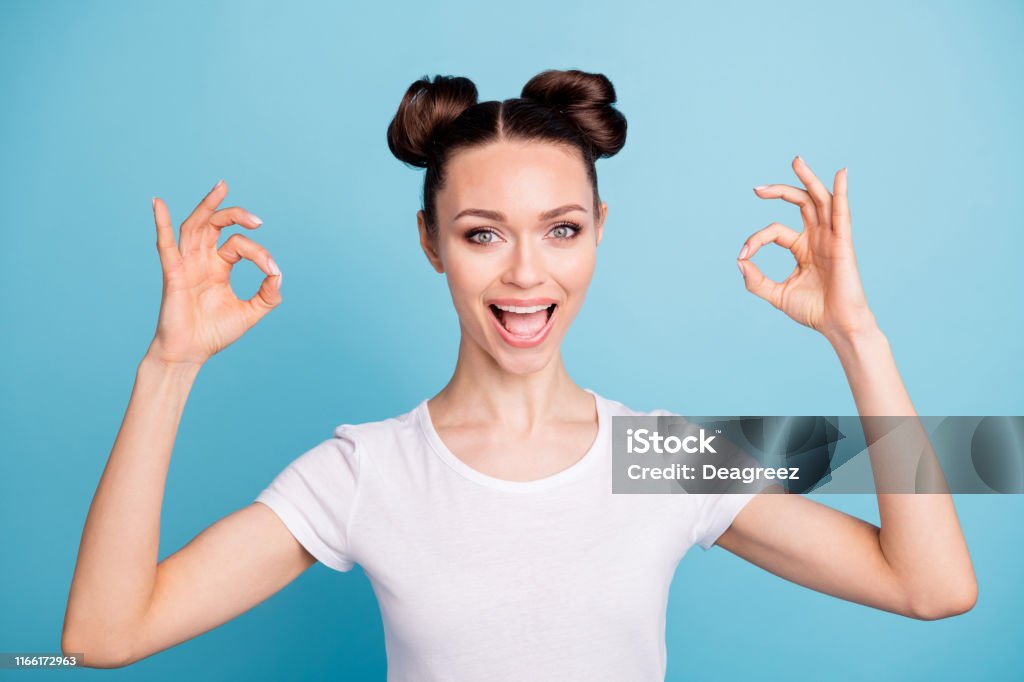Photo Of Beautiful Lady With Cute Hairdo Holding Arms Okey Symbol Wear