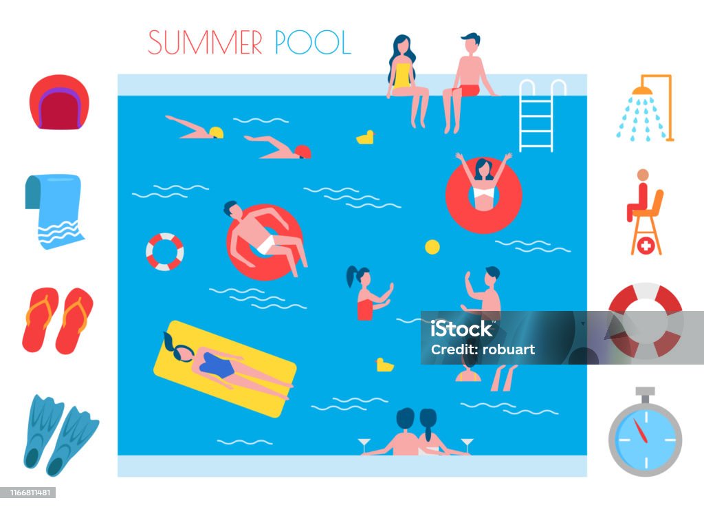 Zomerzwembad Bekken En Pictogrammen Vector Illustratie Stockvectorkunst En Meer Beelden Van