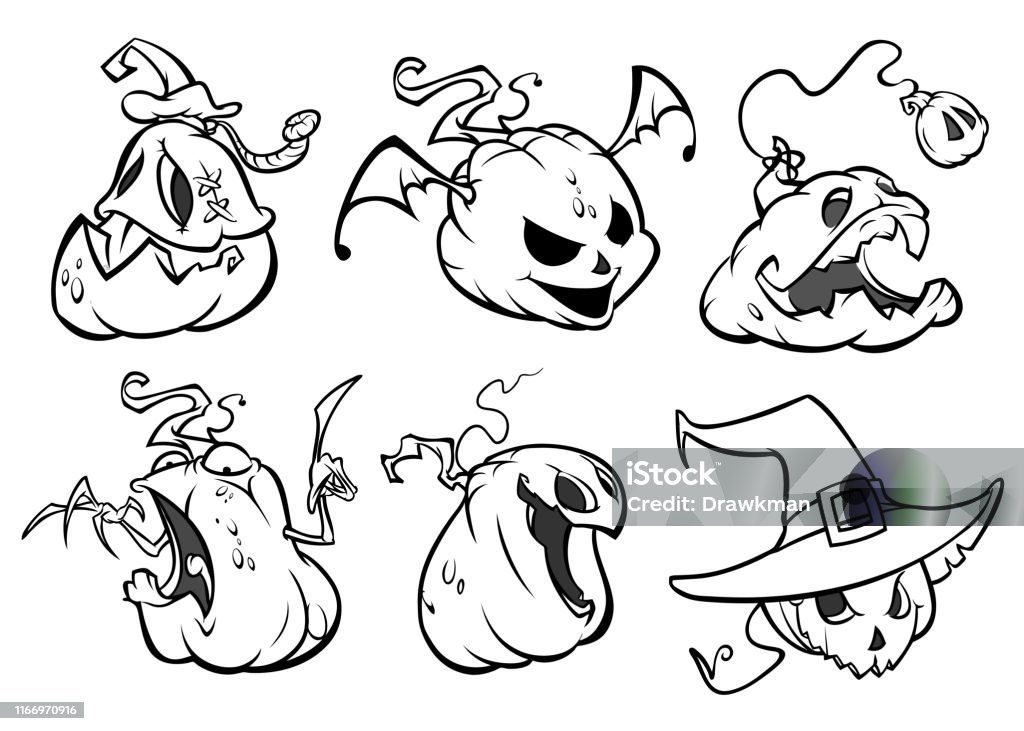 Cartoon Scary Jack O Lantern Pumpkins Set Outlined Stock Illustration