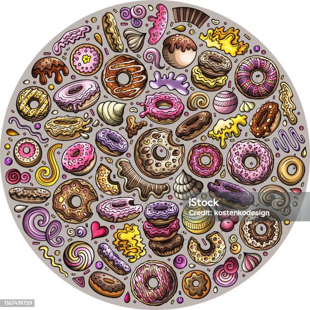 Vetores De Jogo Desenhado Mão Do Vetor Colorido De Donuts Objetos Do