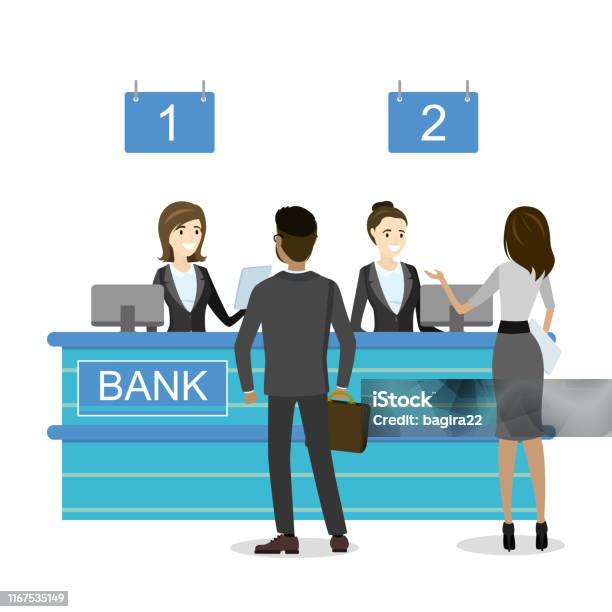 Klien Pria Dan Wanita Berdiri Dan Berbicara Dengan Manajer Bank Atau