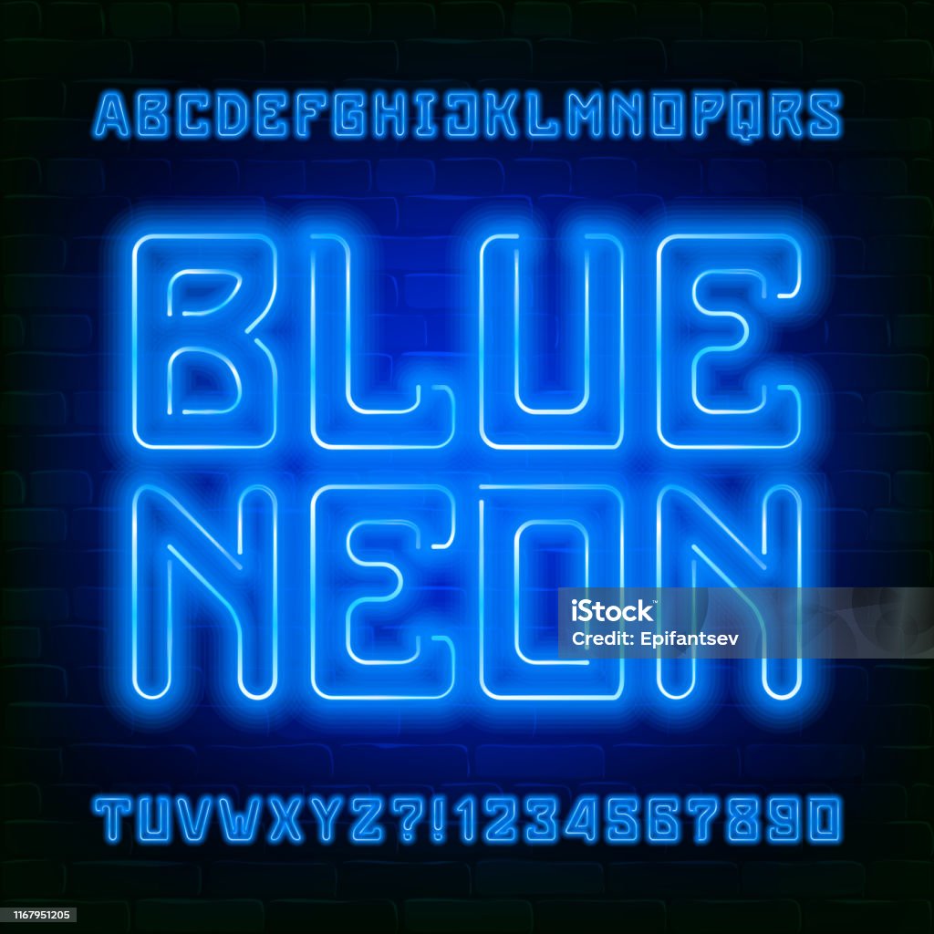 Font Alfabet Neon Biru Huruf Bola Lampu Dan Angka Pada Latar Belakang