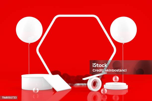 Bingkai Segi Enam Putih 3d Dan Stand Produk Kosong Di Latar Belakang