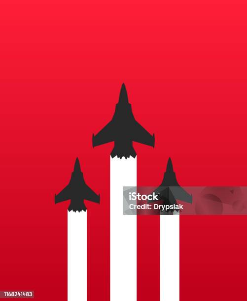 Tiga Jet Tempur Militer Dengan Jalur Putih Di Latar Belakang Merah