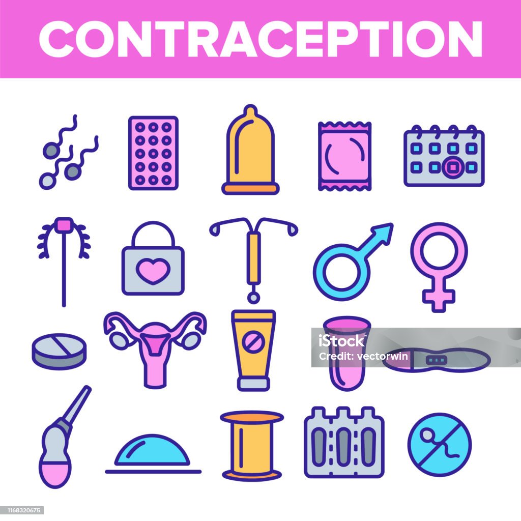 Contraception Linear Vector Icons Set Thin Pictogram Stock Illustration