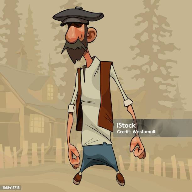 Lhomme De Village De Dessin Animé Dans Une Casquette Se Tient Sur