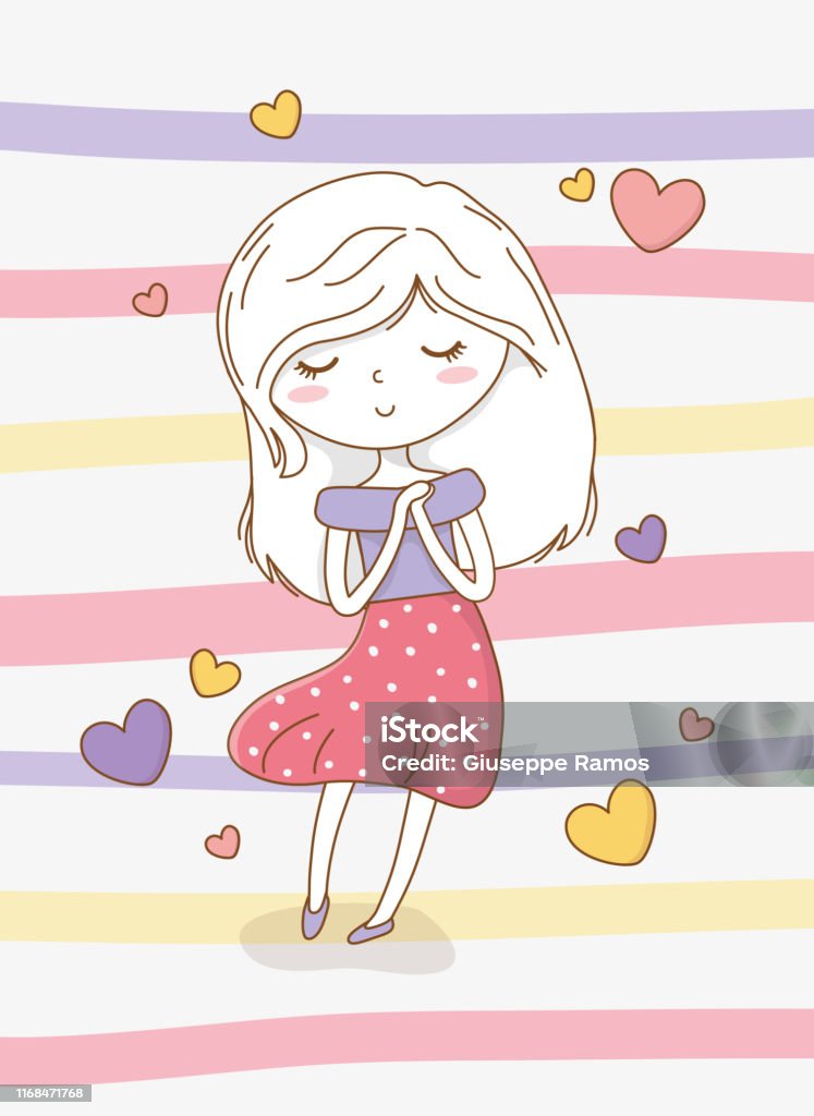 Gadis Kecil Yang Cantik Dengan Warna Dan Hati Pastel Ilustrasi Stok