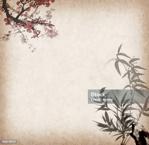Lukisan Tradisional Cina Musim Semi Bunga Prem Dan Bambu Ilustrasi Stok