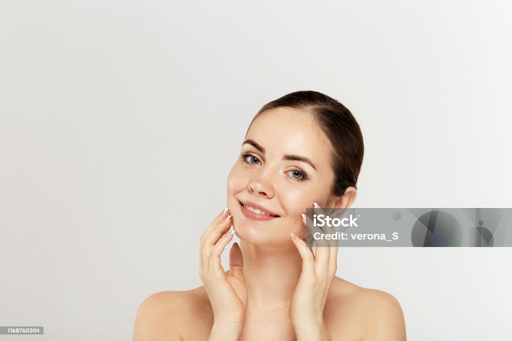 Healthy Skin Brunette Woman Closeup Face Clean Healthy Skin Eyes And