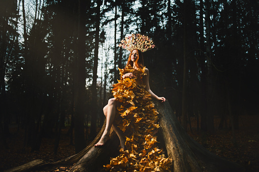 Fashion Autumn Model Fall Leaves Dress Beauty Girl In Kokoshniks Stock